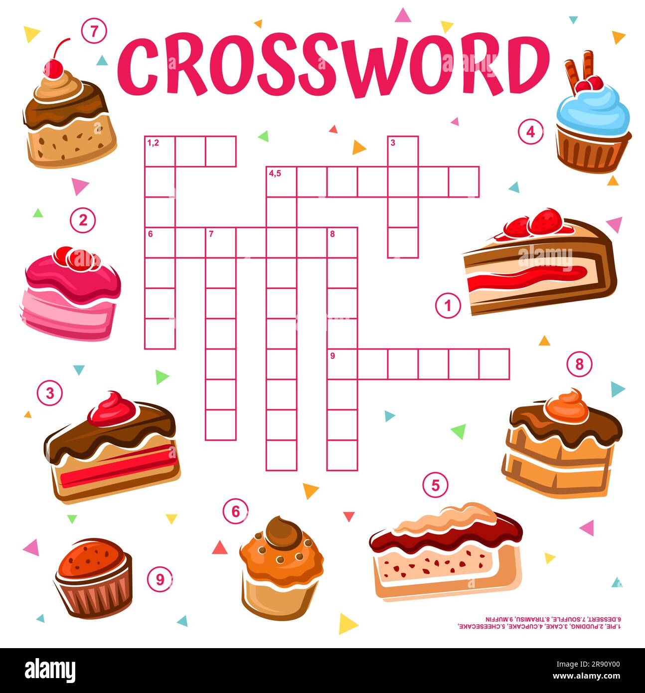 Cakes, cupcakes and pies, crossword grid or find word quiz game, vector ...