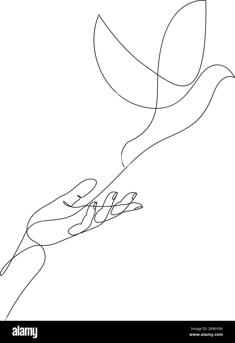 Releasing a bird from hand to flight continuous one line drawing. Symbol of freedom concept ...