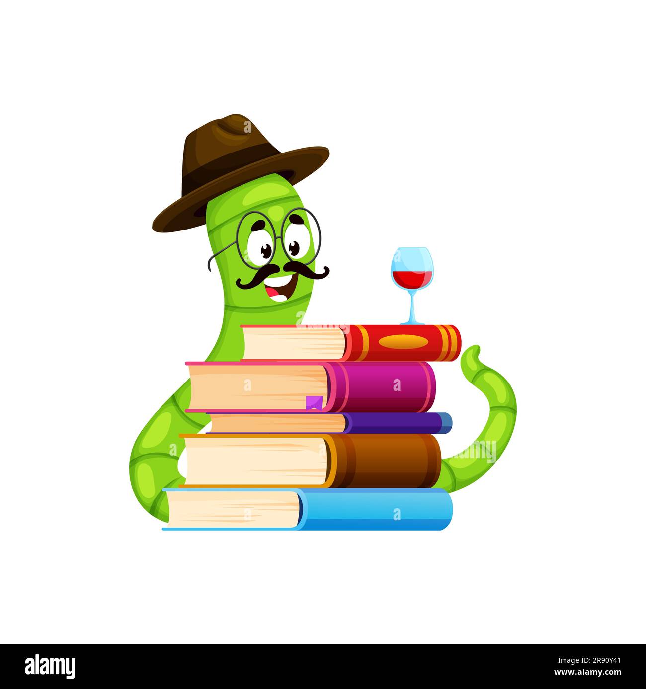 Cartoon bookworm character, book worm animal reader with pile of books ...