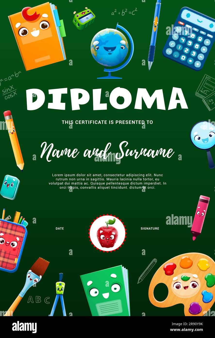 Kids diploma, cartoon school supply characters on certificate award ...