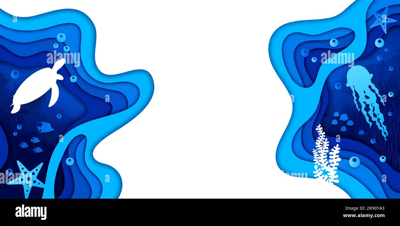 Sea paper cut underwater landscape banner with turtle, jellyfish ...