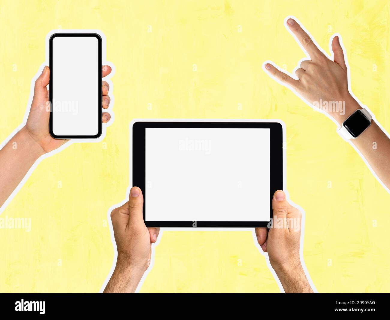 Composite photo with isolated smartphone, digital tablet in hands ...