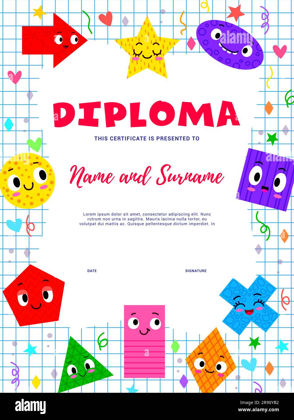 Kids diploma with math shape characters for education certificate ...