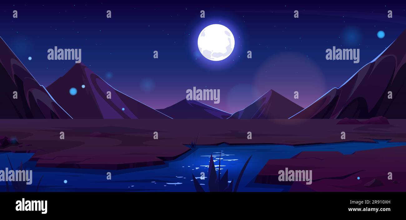 River flowing in night Sahara desert. Vector cartoon mountain ...