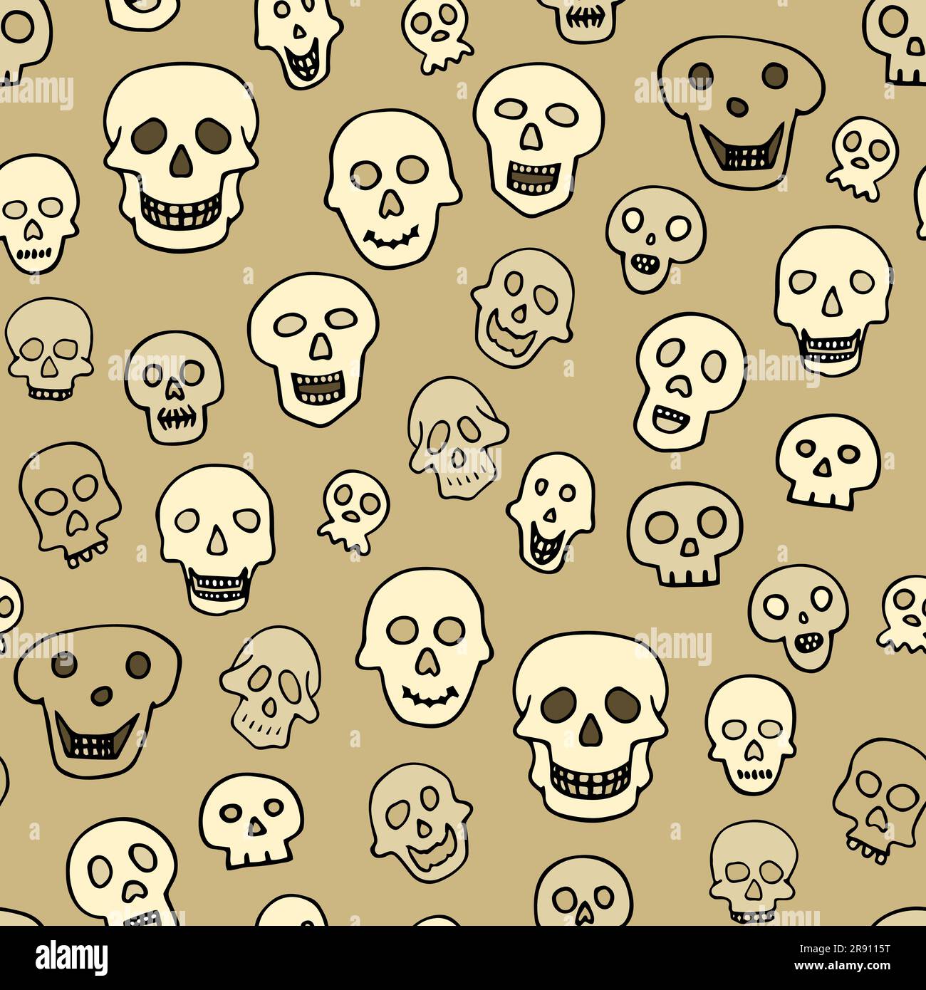 Doodle Halloween sculls seamless pattern. Color Skeleton on beige ...