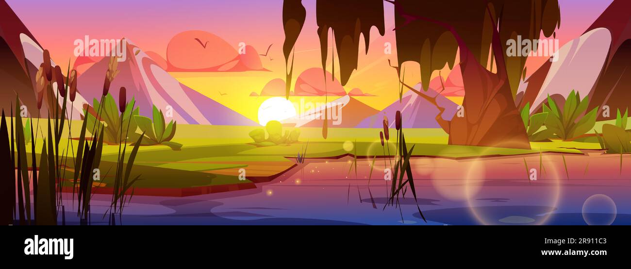 Sunrise and mountain view with reed in swamp water cartoon vector scene ...