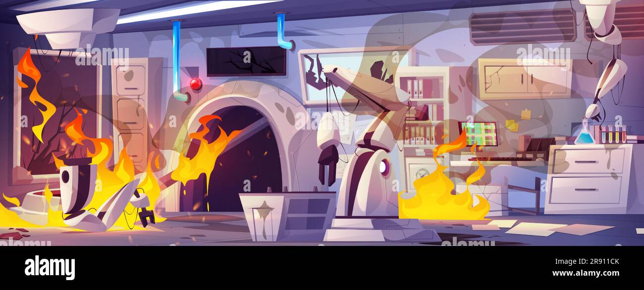 Fire in science laboratory with robot for research vector background ...