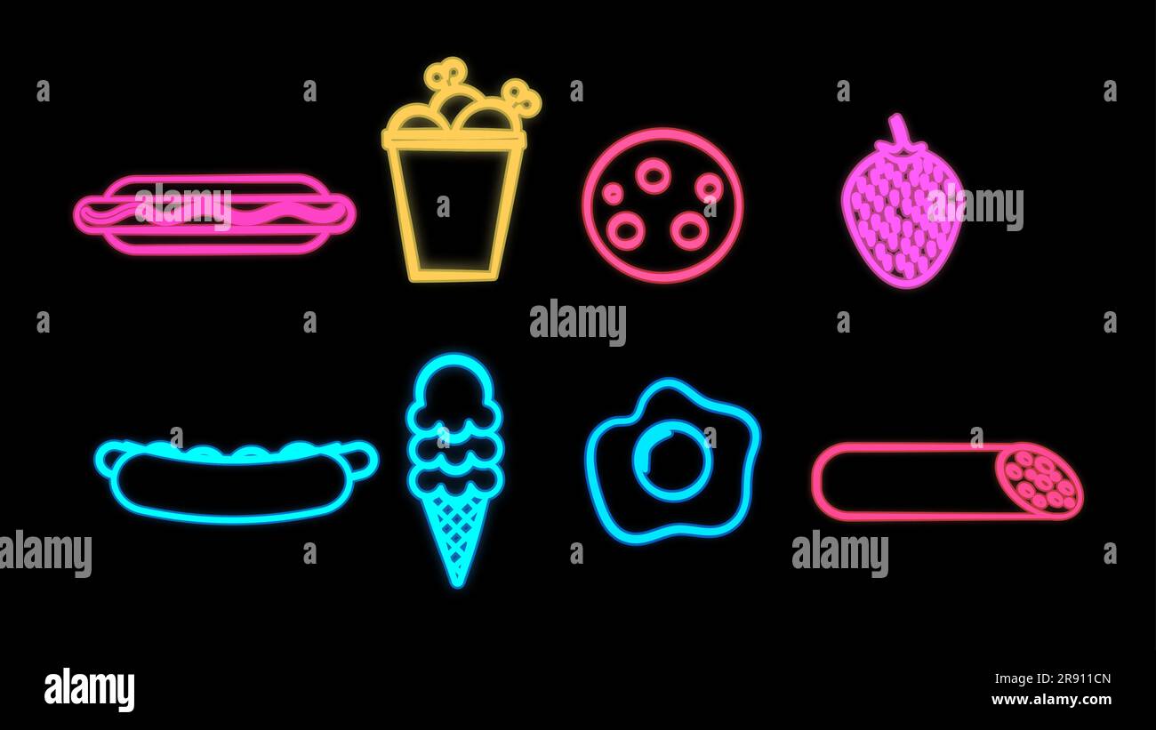 Neon bright glowing multicolored set of eight icons of delicious food ...