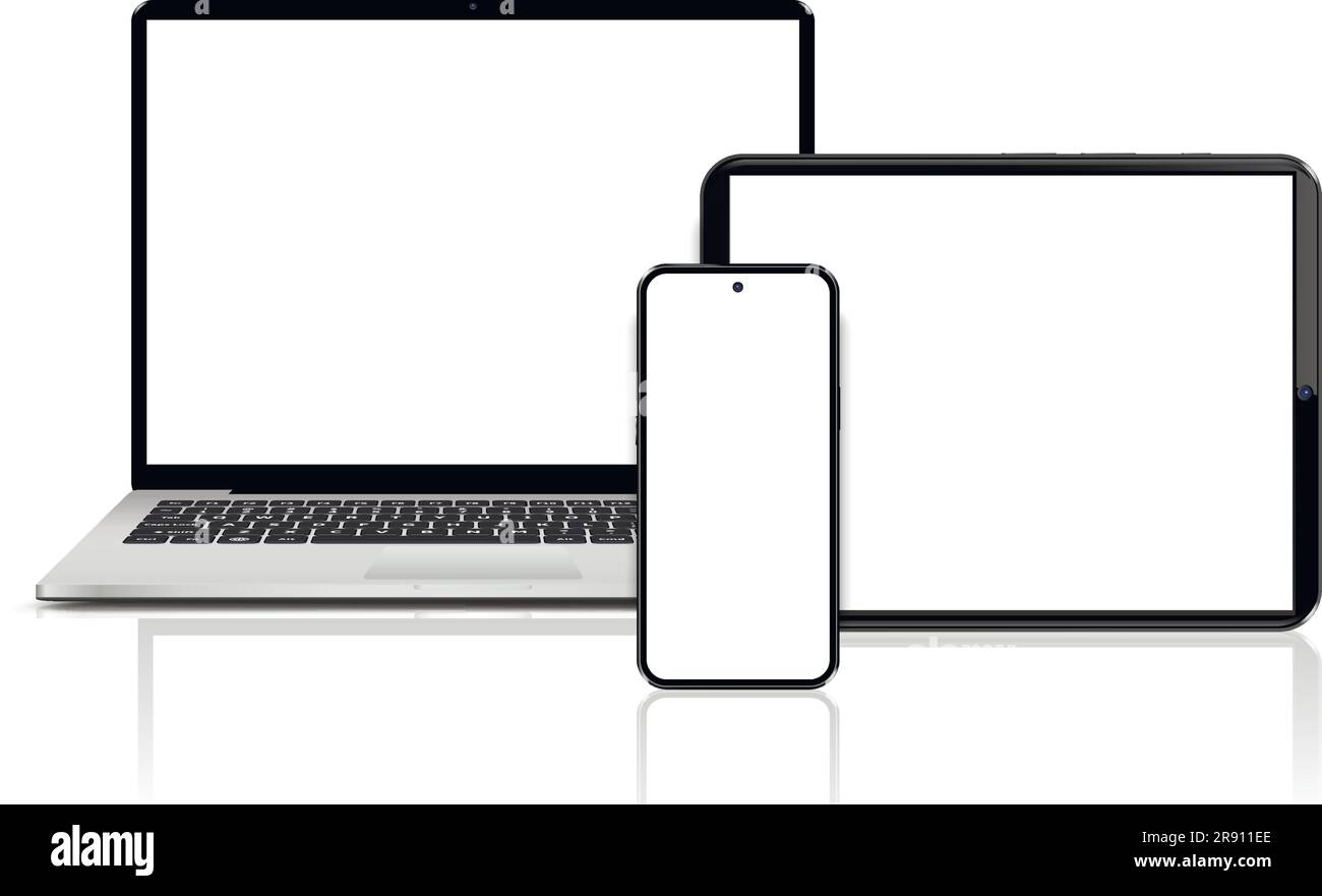Laptop, tablet and mobile phone. Flat lay detailed and realistic ...