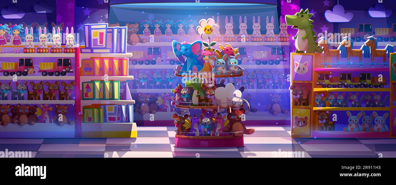 Night toy store interior with spotlight cartoon background. Magic ...