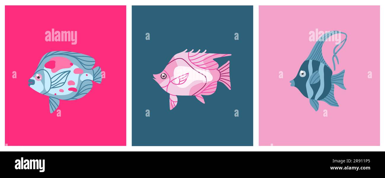 Hand drawn vector abstract cartoon marine underwater animals set of ...