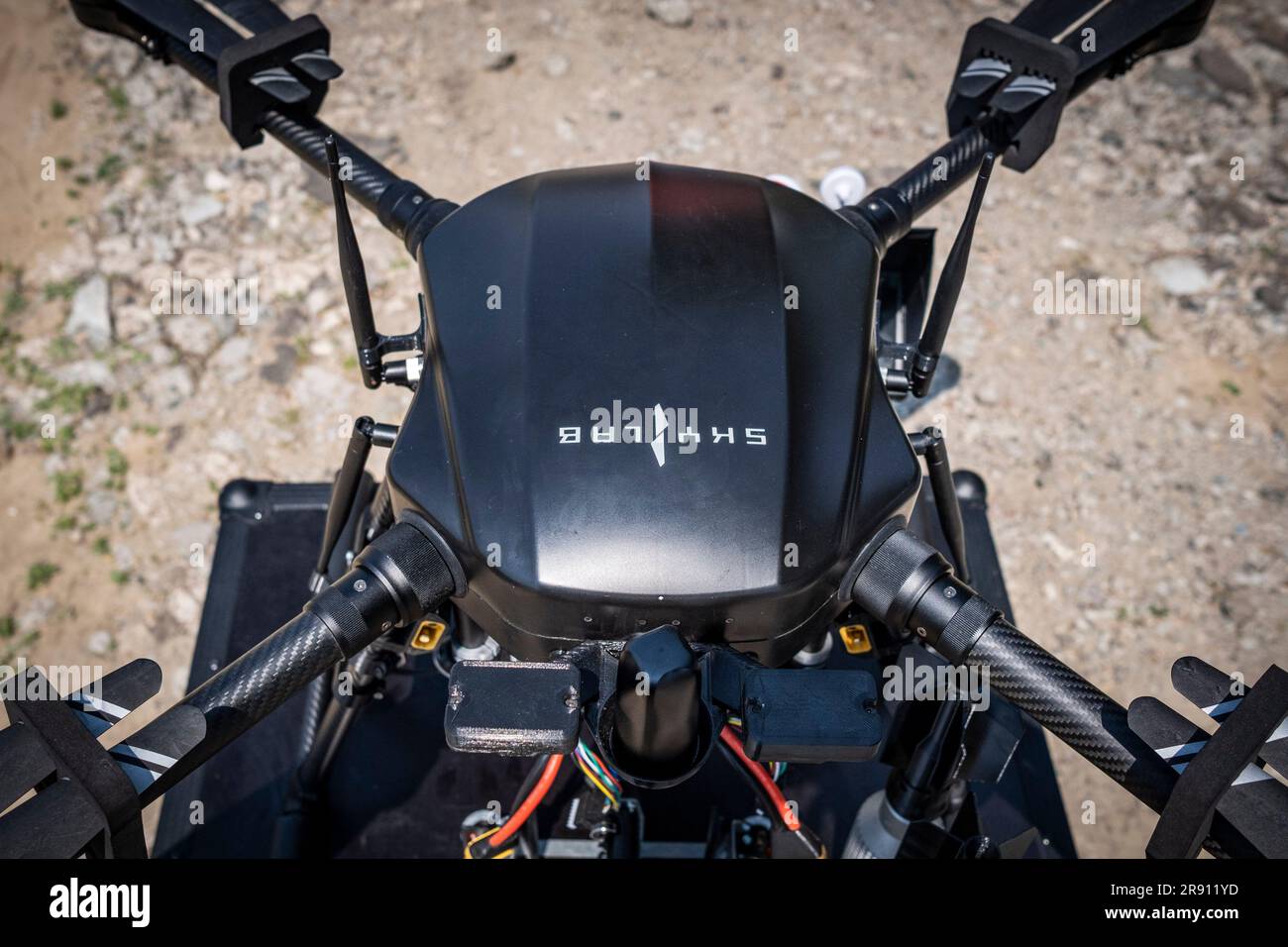 A close-up shot of the military-grade drone developed by SkyLab, a ...