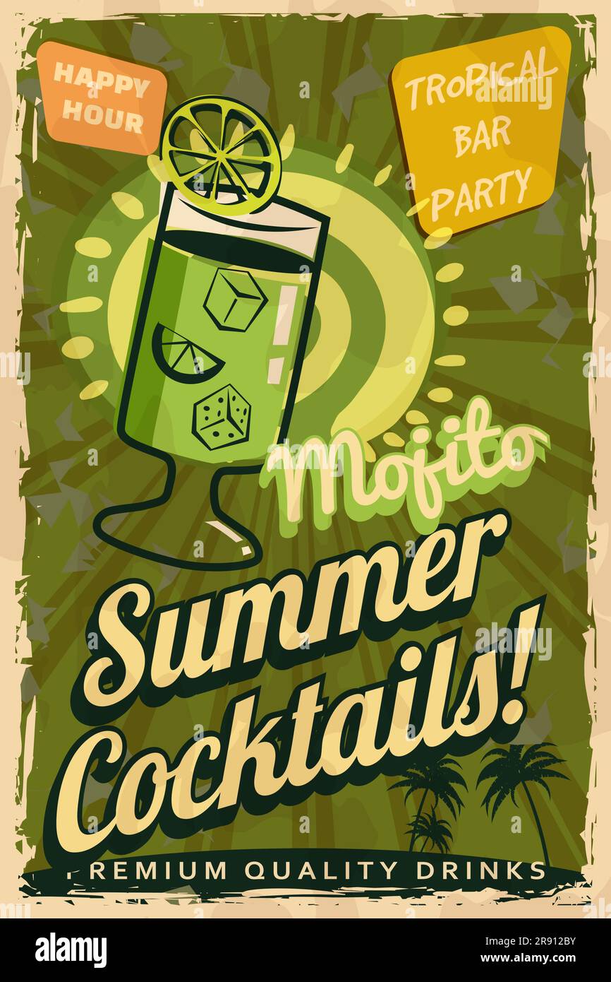 Mojito Cocktail Retro poster. Cocktail lounge vintage sign Stock Vector ...