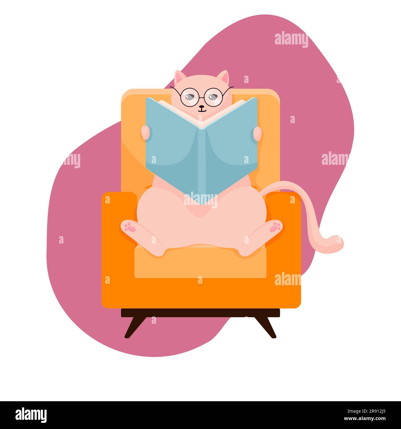 Cat character in glasses study flat. Cat sits on a armchair and reads a ...