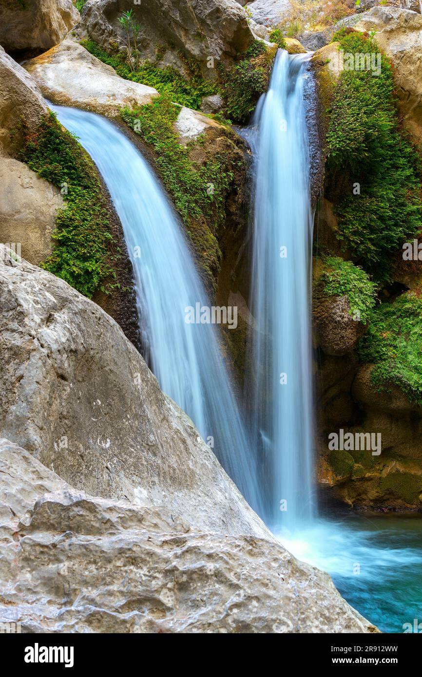 Double waterfall in Sapadere canyon, Turkey. Blurry movement of water ...