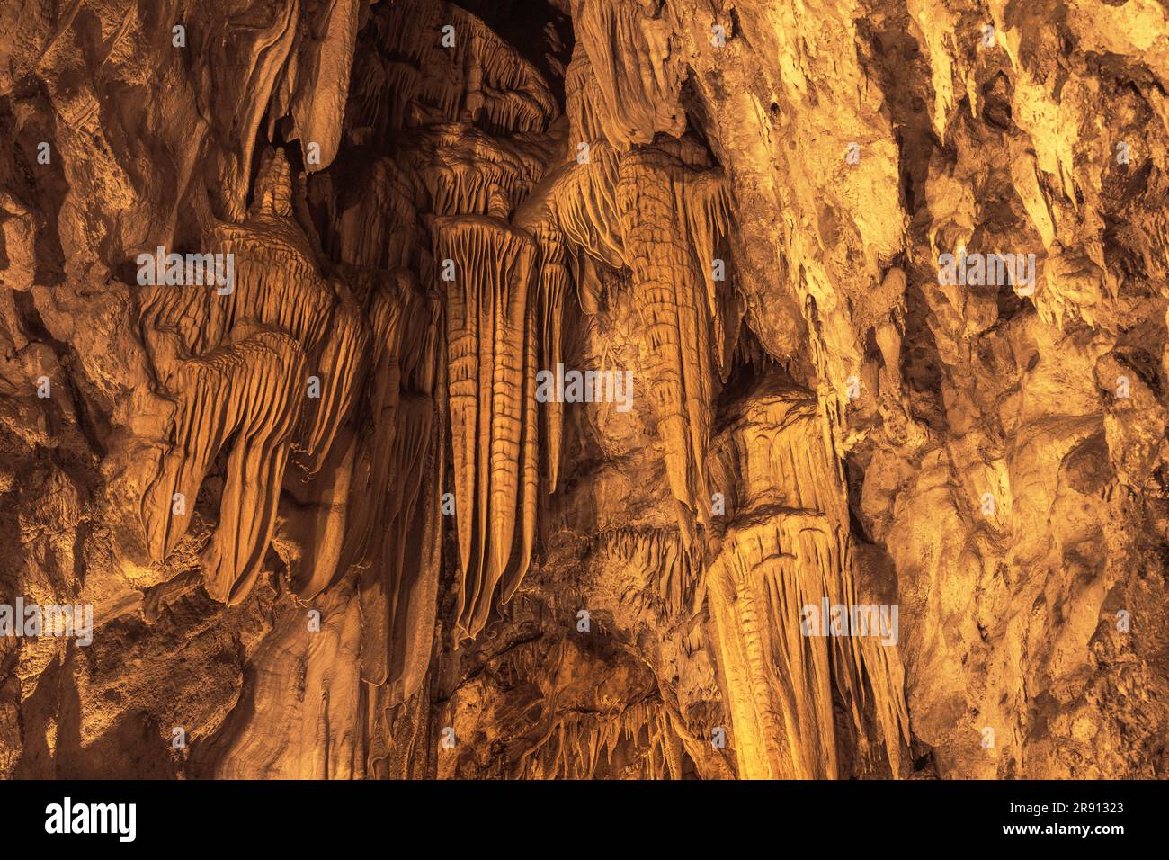 Stalactite formations hanging from the ceiling of Dim Cave in Alanya ...