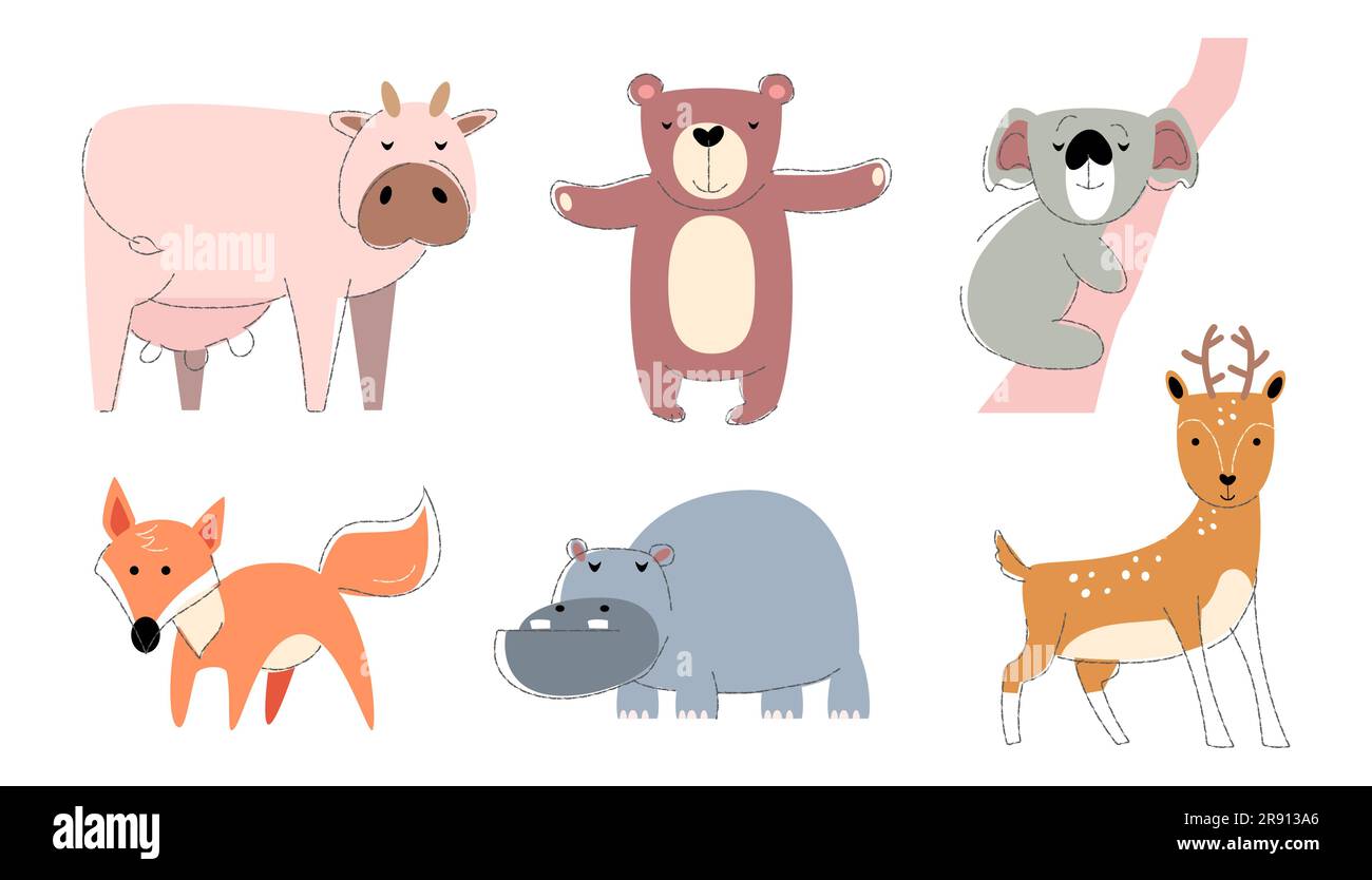 Wildlife animals Set 3 . Flat shape and pencil line drawing design ...