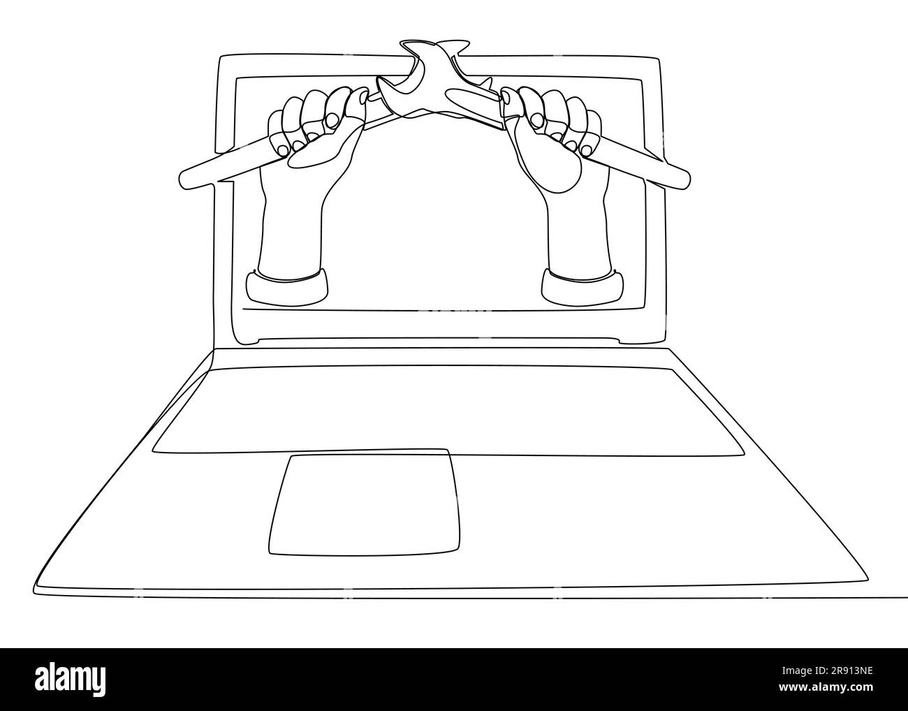 One Continuous Line Of Laptop With Wrench Thin Line Illustration Vector Concept Contour