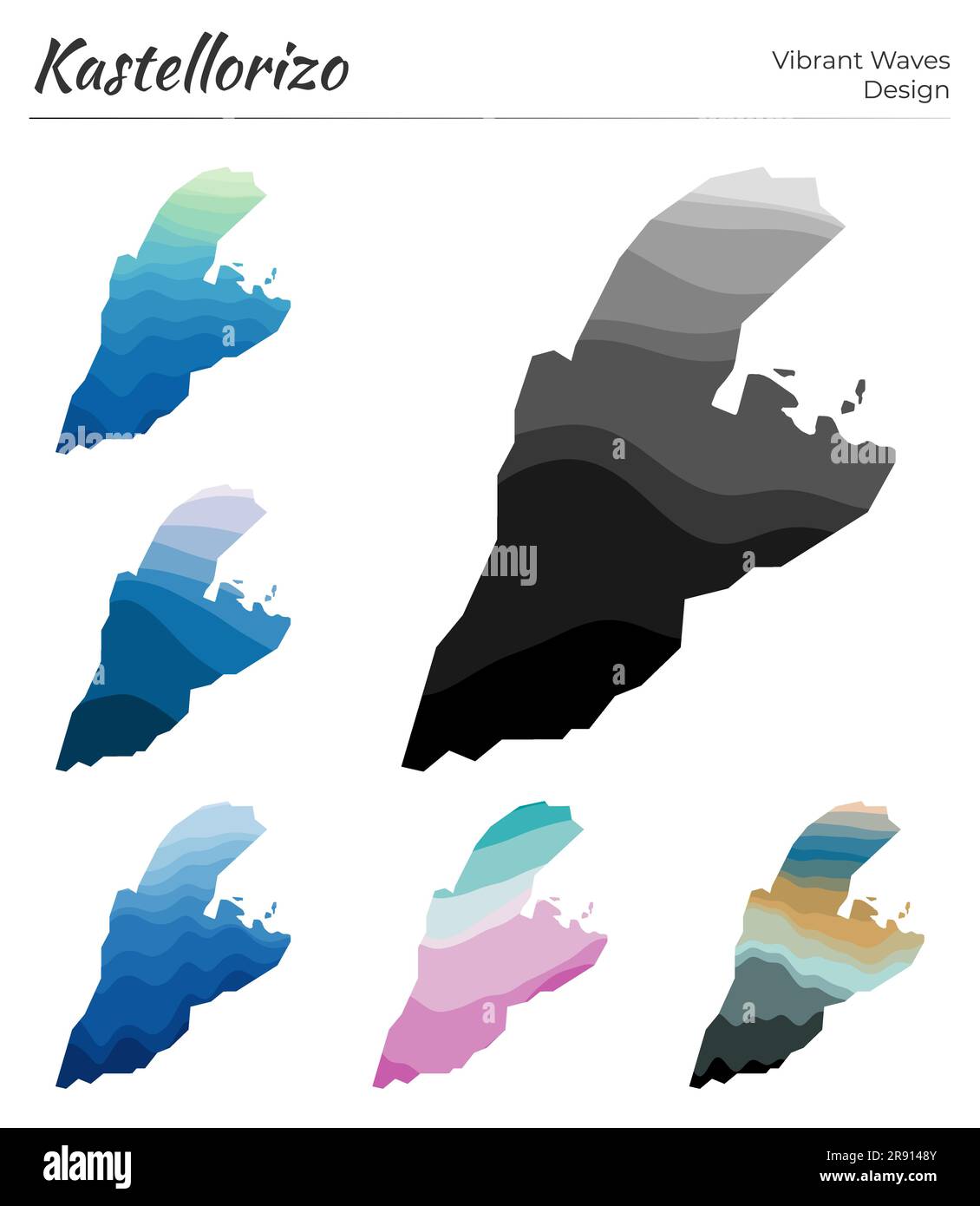Set of vector maps of Kastellorizo. Vibrant waves design. Bright map of island in geometric ...