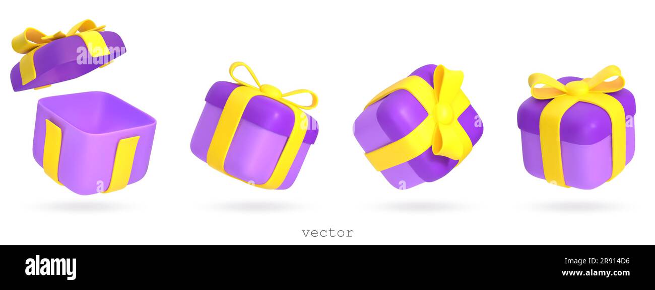 Set of vector 3d gift boxes open and closed with yellow ribbon bow ...