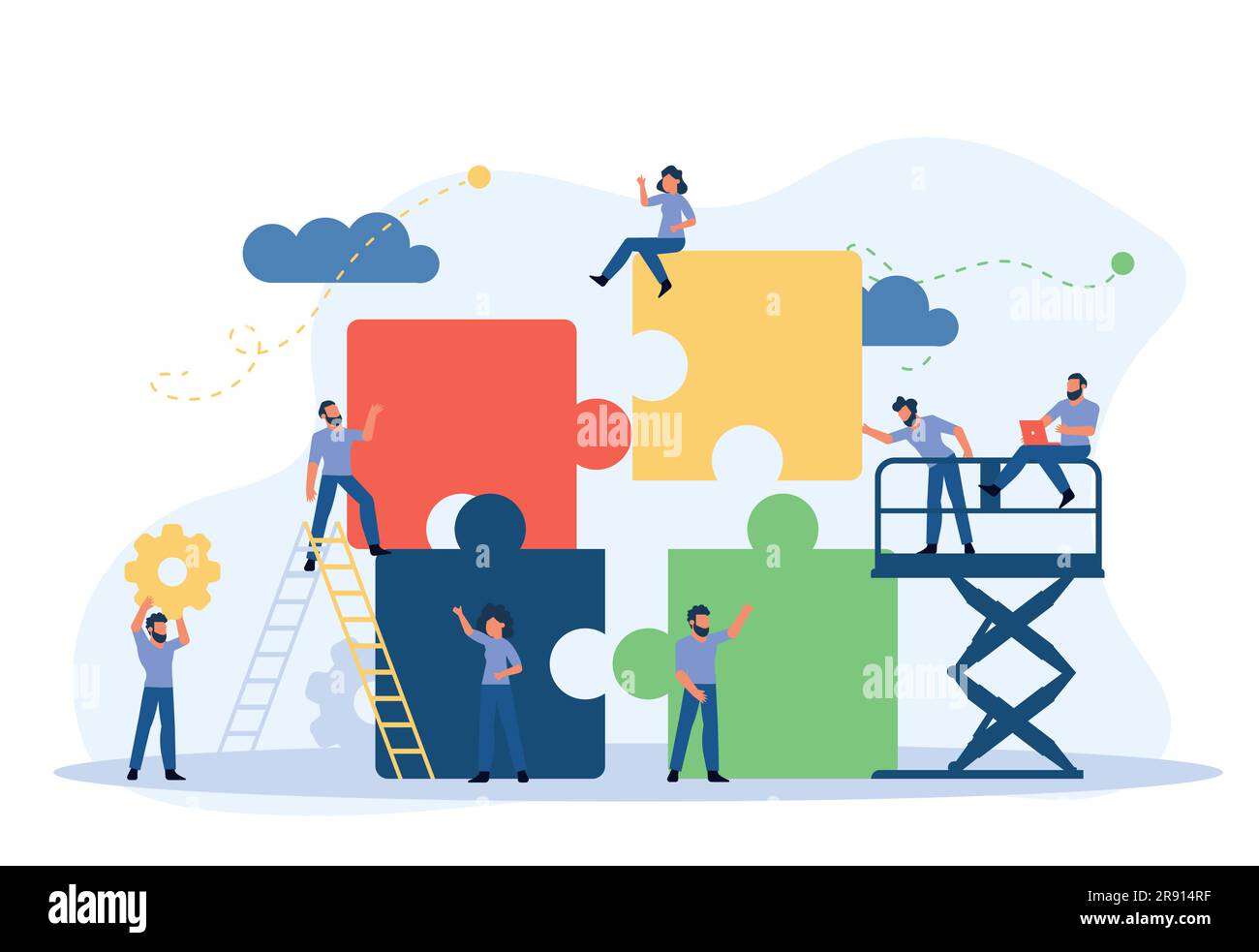 Business team work building puzzle concept vector illustration. People ...