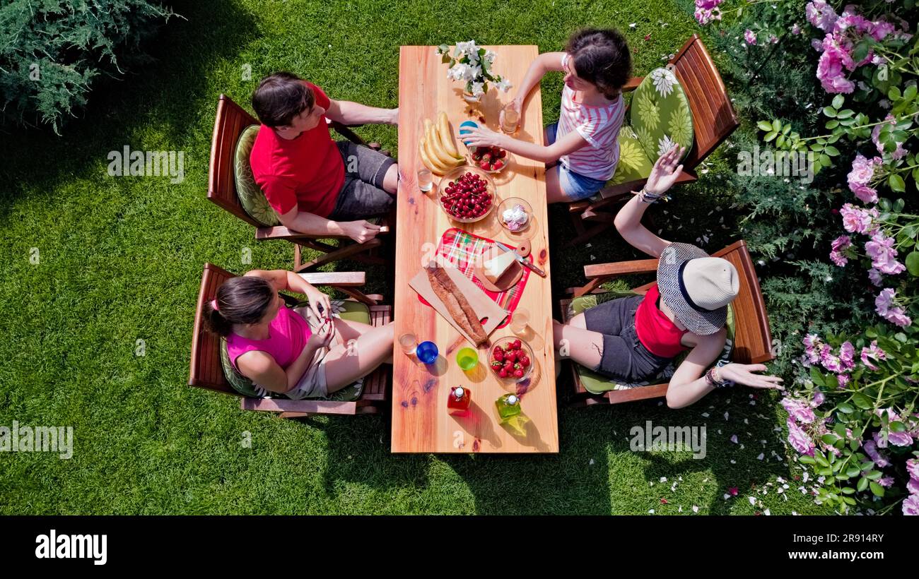 Family and friends eating together outdoors on summer garden party ...