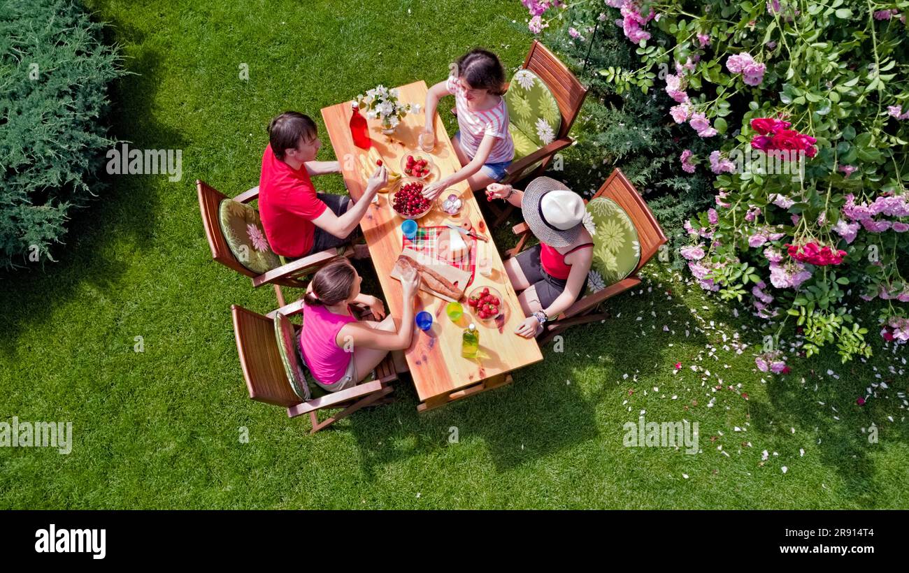 Family and friends eating together outdoors on summer garden party ...