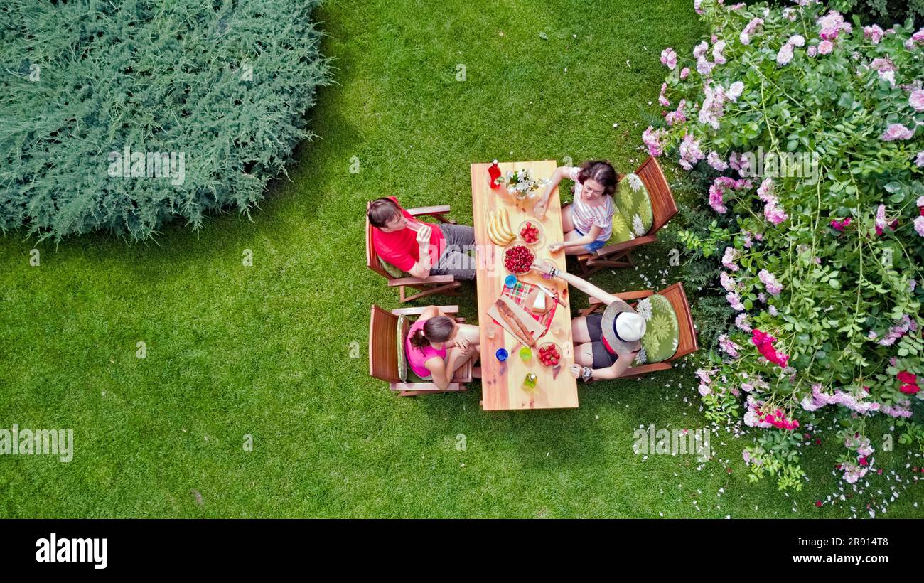 Family and friends eating together outdoors on summer garden party ...
