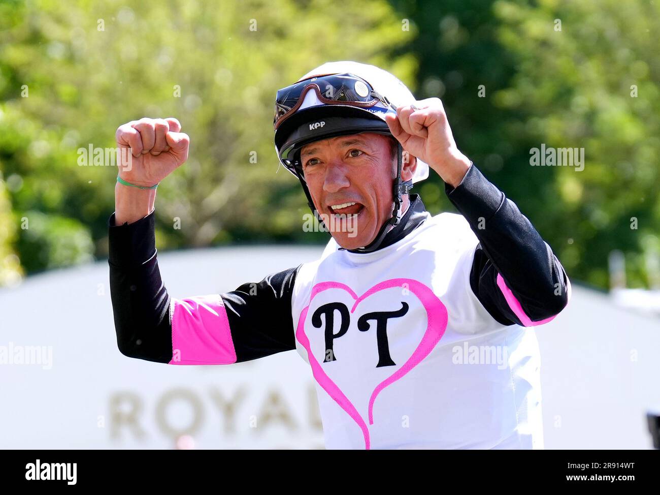 Frankie Dettori celebrates after winning the Albany Stakes on Porta ...