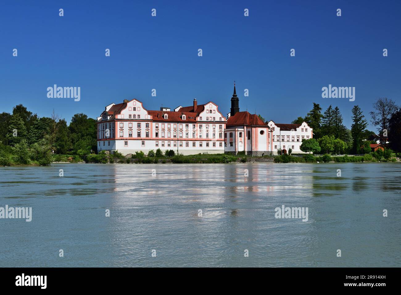 Neuhaus palace at the river Inn photographed from Schaerding, Austria ...