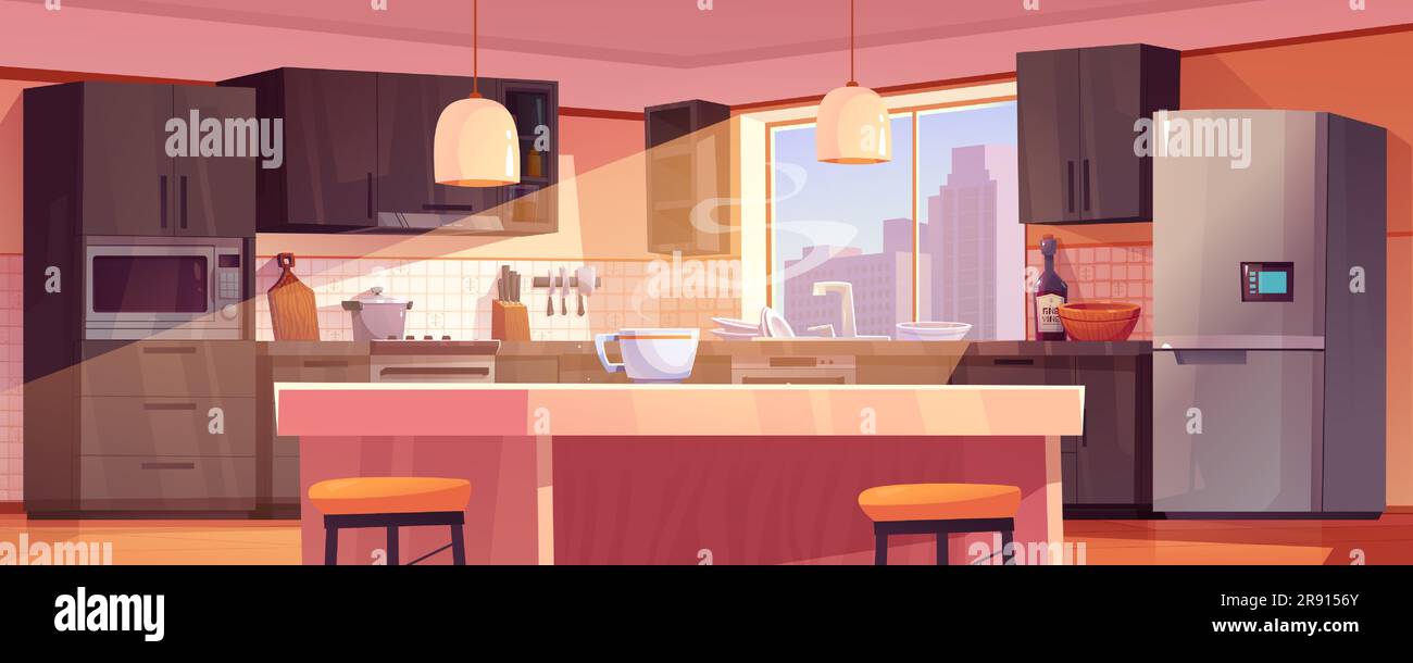 Modern kitchen interior design with furniture and tableware. Vector ...