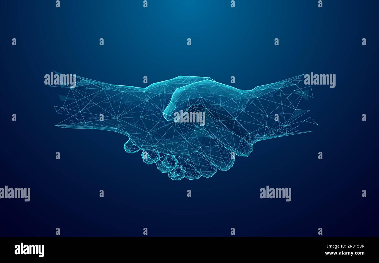 Digital handshake on blue technology background. Abstract two hands ...