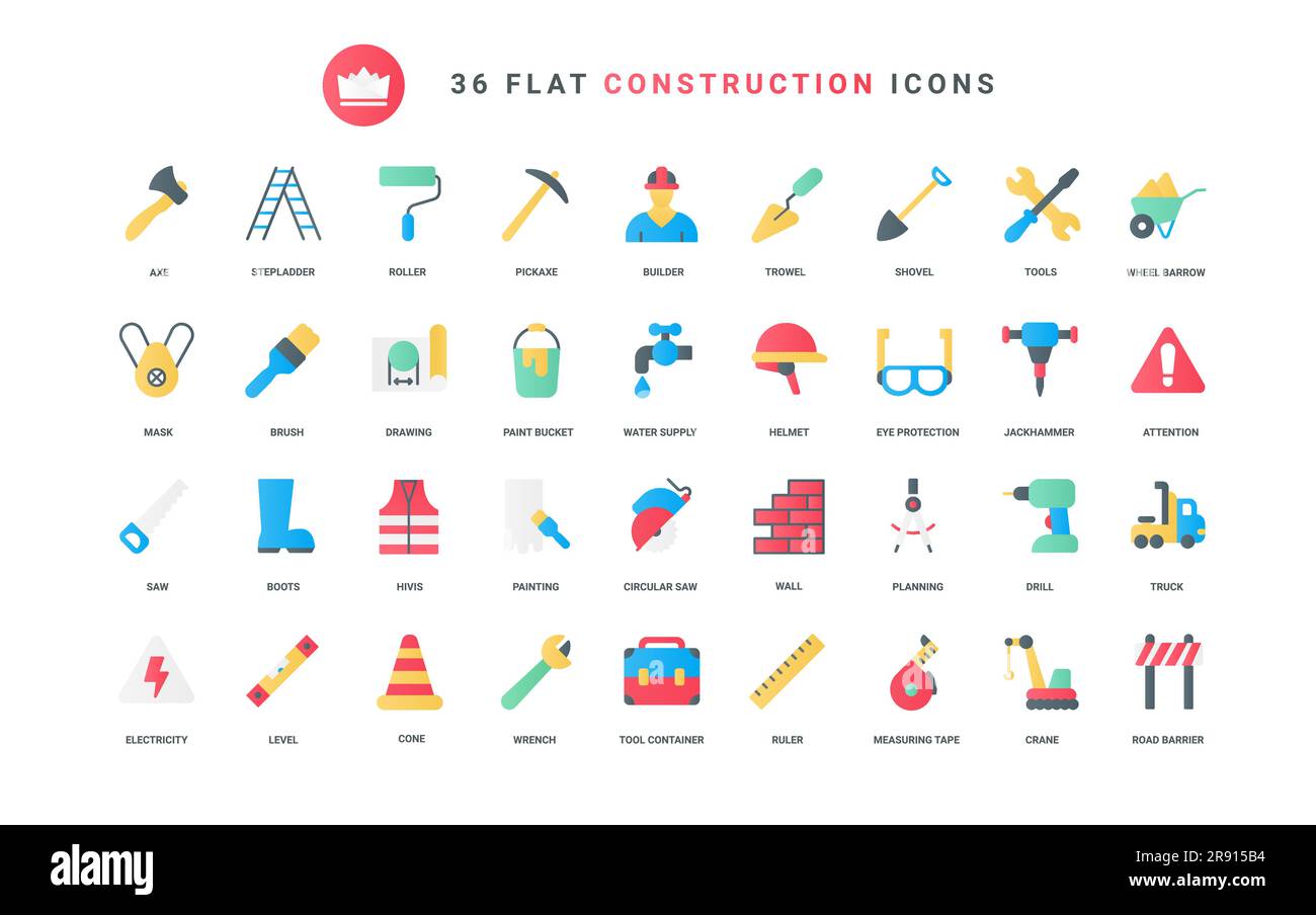 Construction industry equipment and tools trendy flat color icons with ...