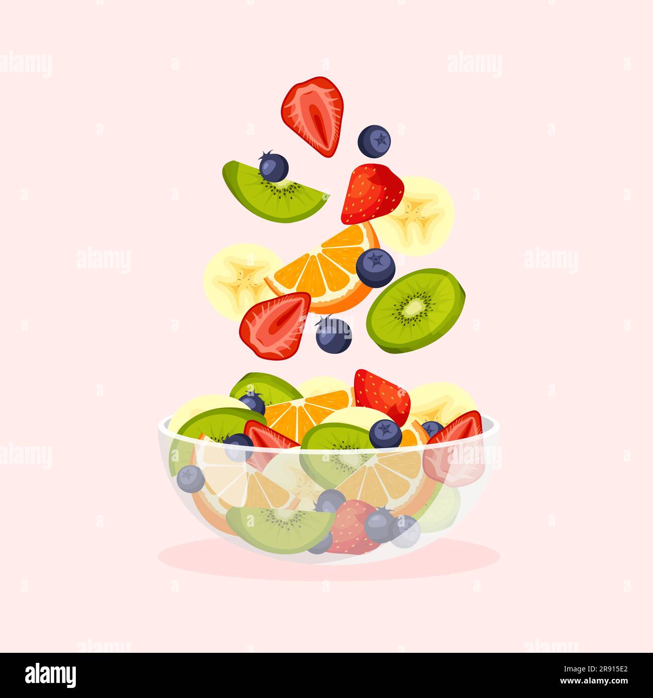 Fruit salad in glass transparent bowl. Banana, orange, strawberry, kiwi ...