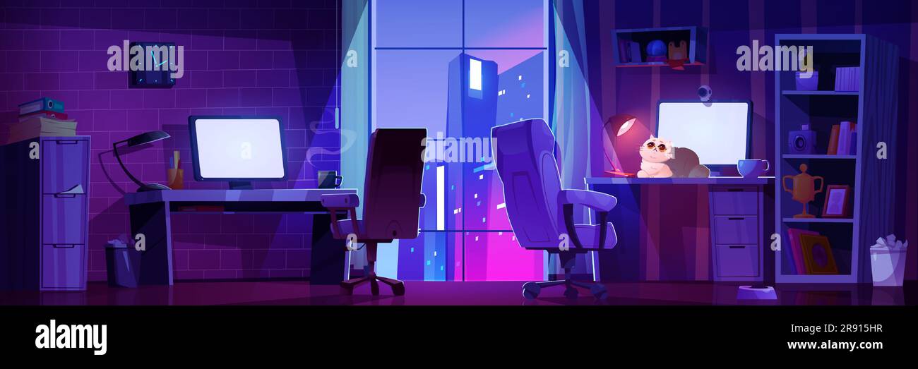 Home or office room with computers on desks at night. Empty work room ...