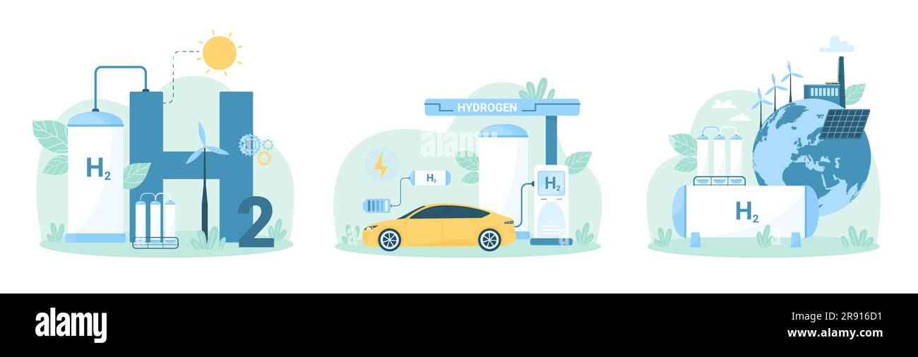 Green hydrogen production, storage and refueling car set vector illustration. Cartoon wind ...