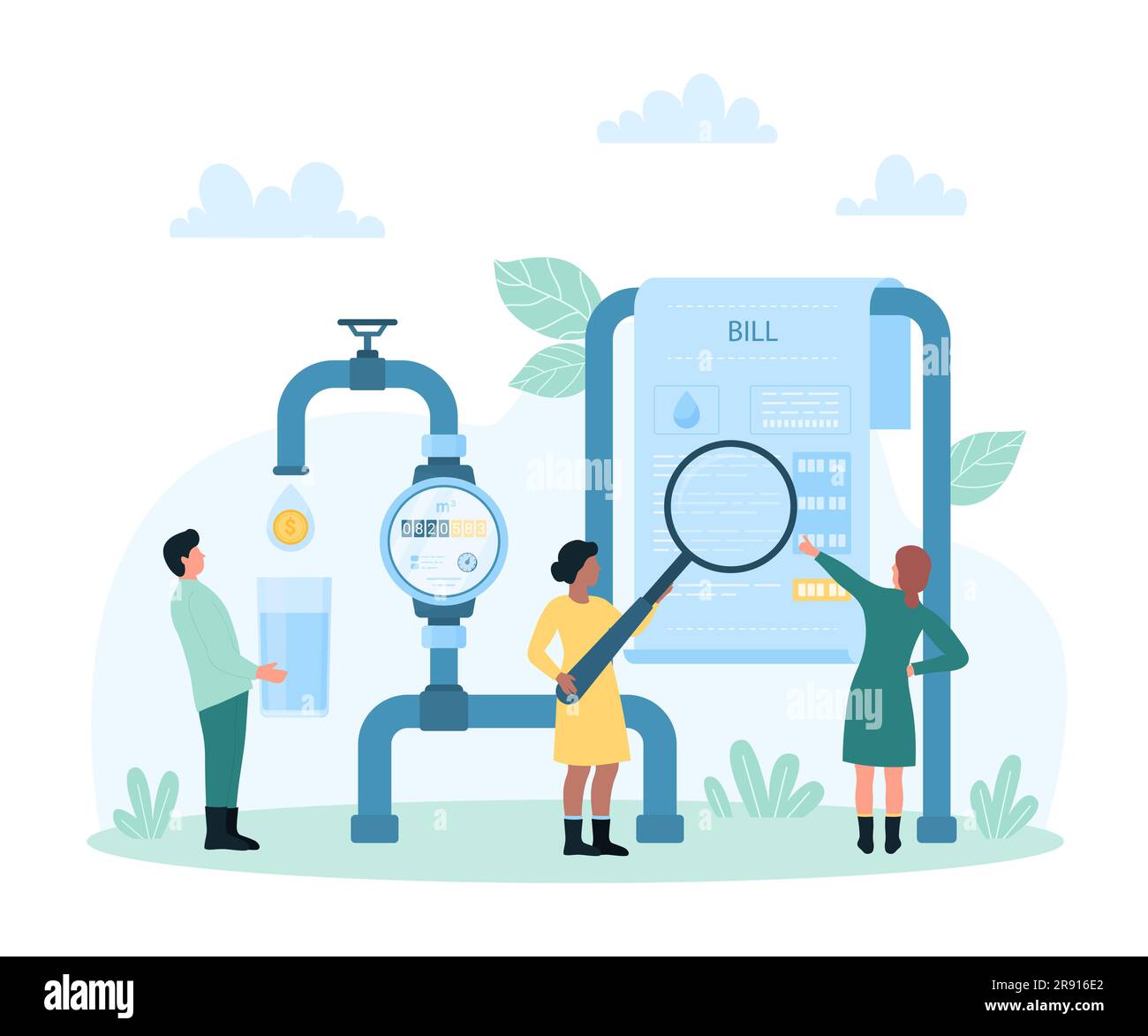 Payment of water bills vector illustration. Cartoon tiny people hold ...