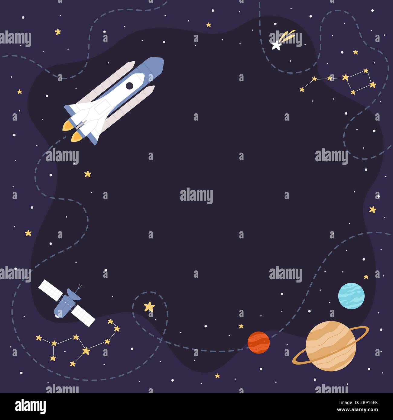 Space exploration square vector illustration. Cartoon spaceship flying ...