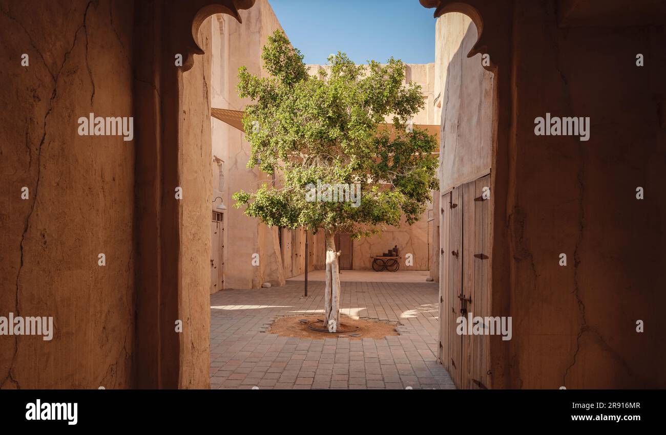 Al seef old historical district with traditional Arabic architecture. old buildings and ...