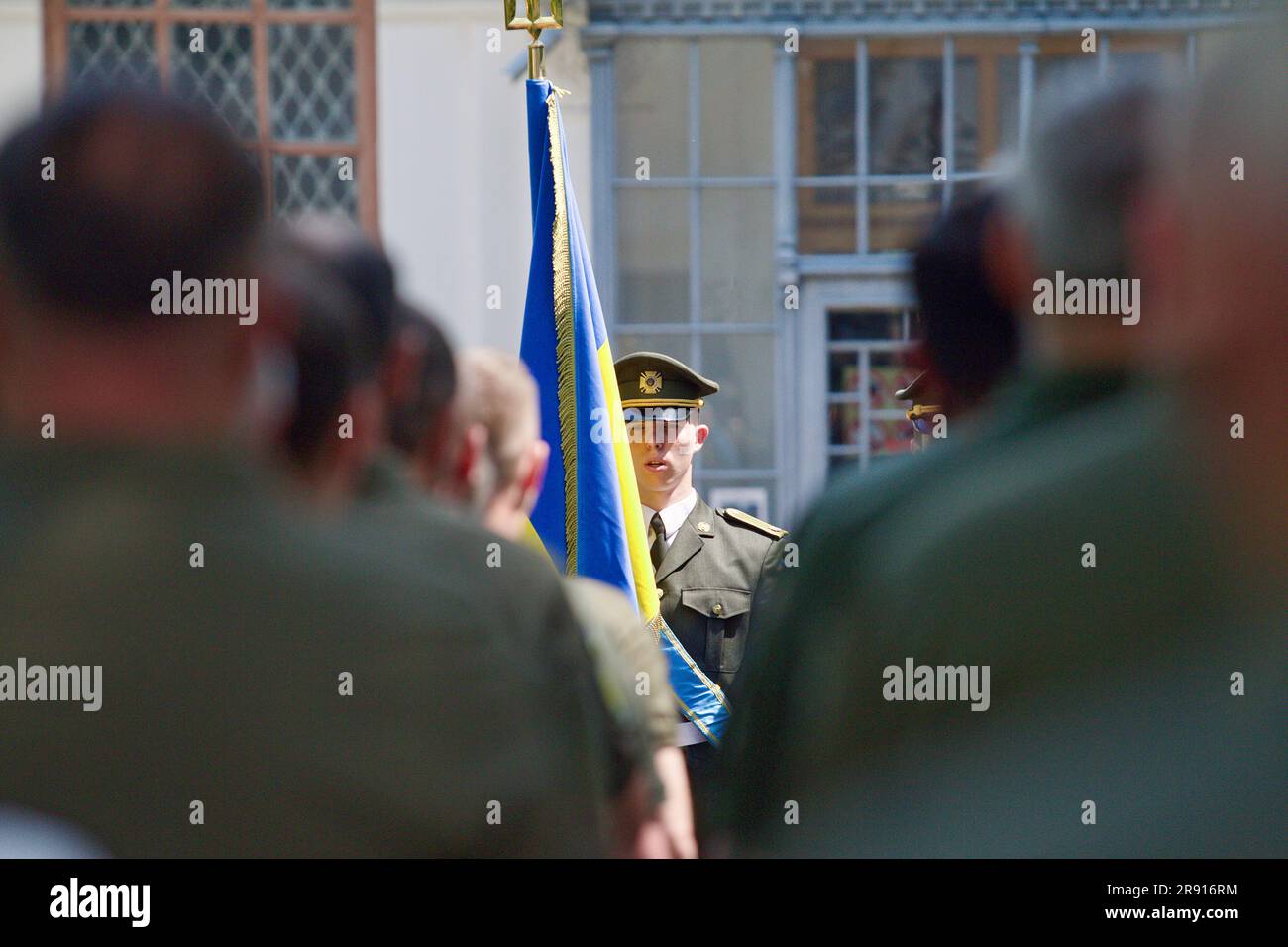 KYIV, UKRAINE - JUNE 23, 2023 - An honour guard stands to attention ...