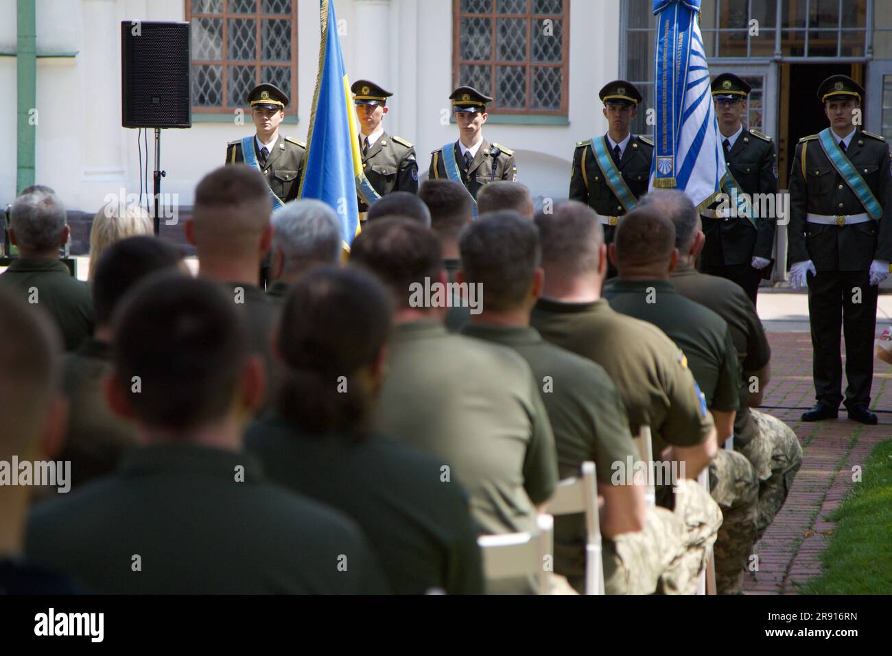 KYIV, UKRAINE - JUNE 23, 2023 - Honour guards stand to attention during ...
