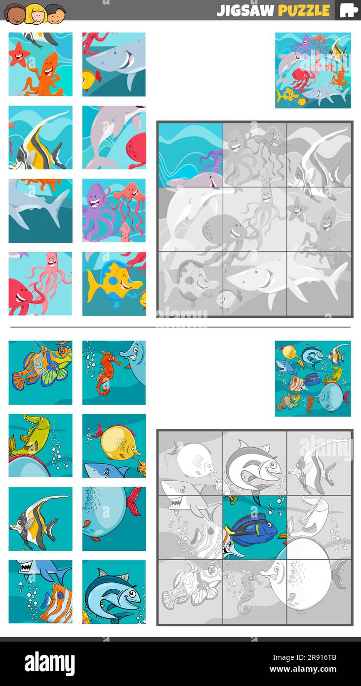 Cartoon illustration of educational jigsaw puzzle games set with marine ...