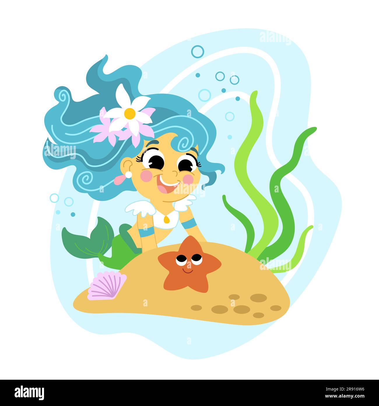 Cute cartoon blue haired mermaid with a friend starfish. Vector cartoon ...