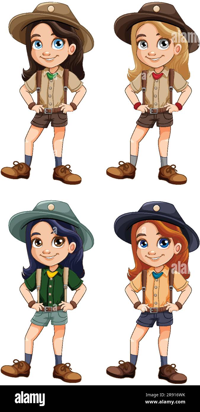 Set of girl in scout uniform cartoon character illustration Stock ...