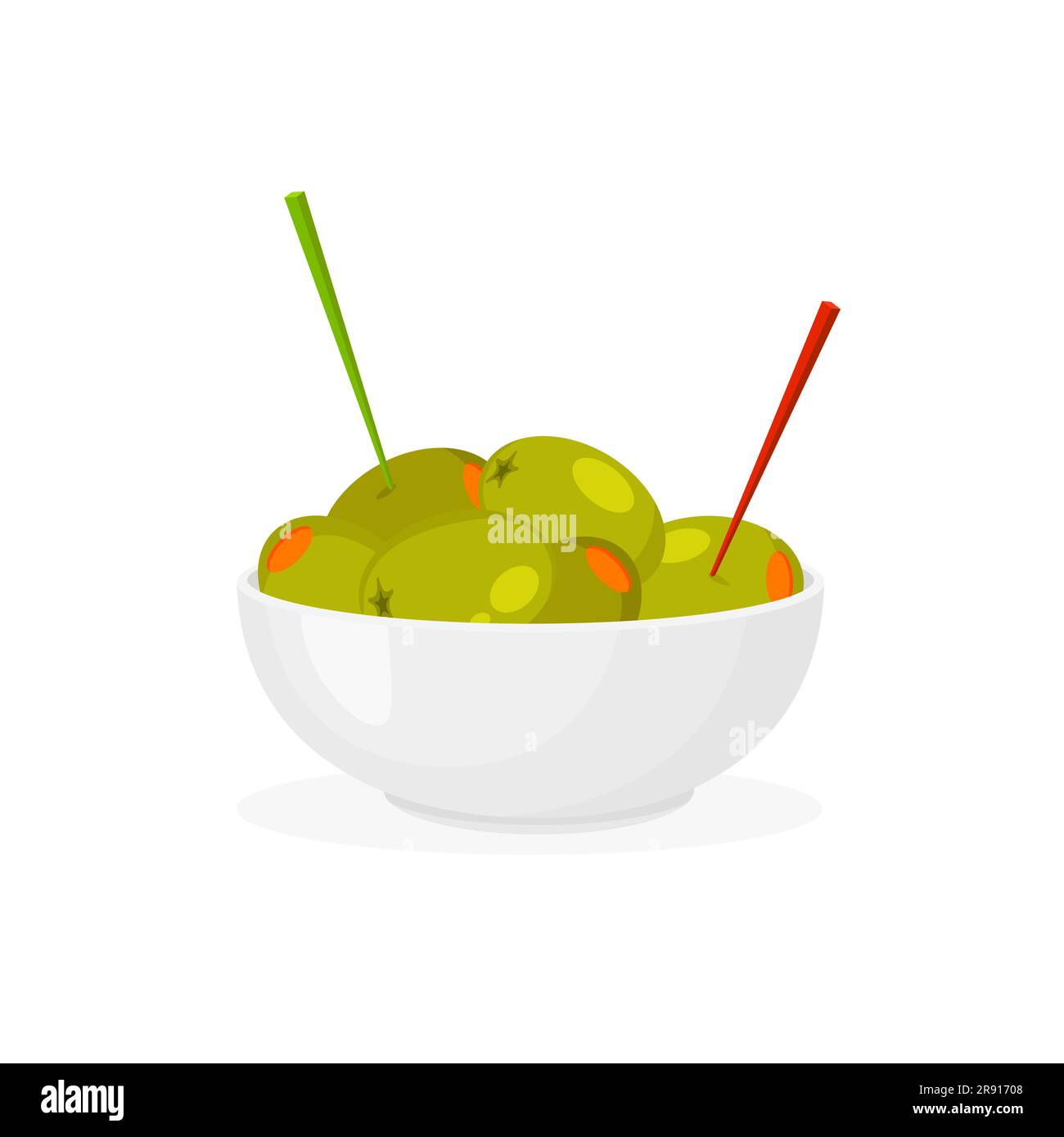 Pickled green olives with toothpick in the plate. Olive stuffed by ...