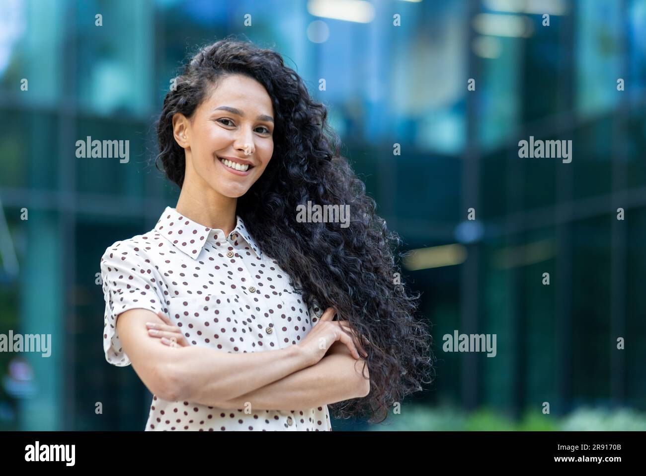 Portrait of happy and successful business woman, boss in shirt smiling ...