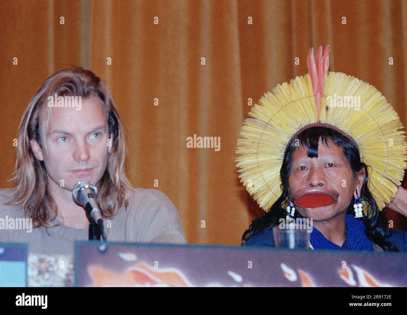 Rock star Sting, left, and Raoni, chief of the indigenous Kayapo Nation ...