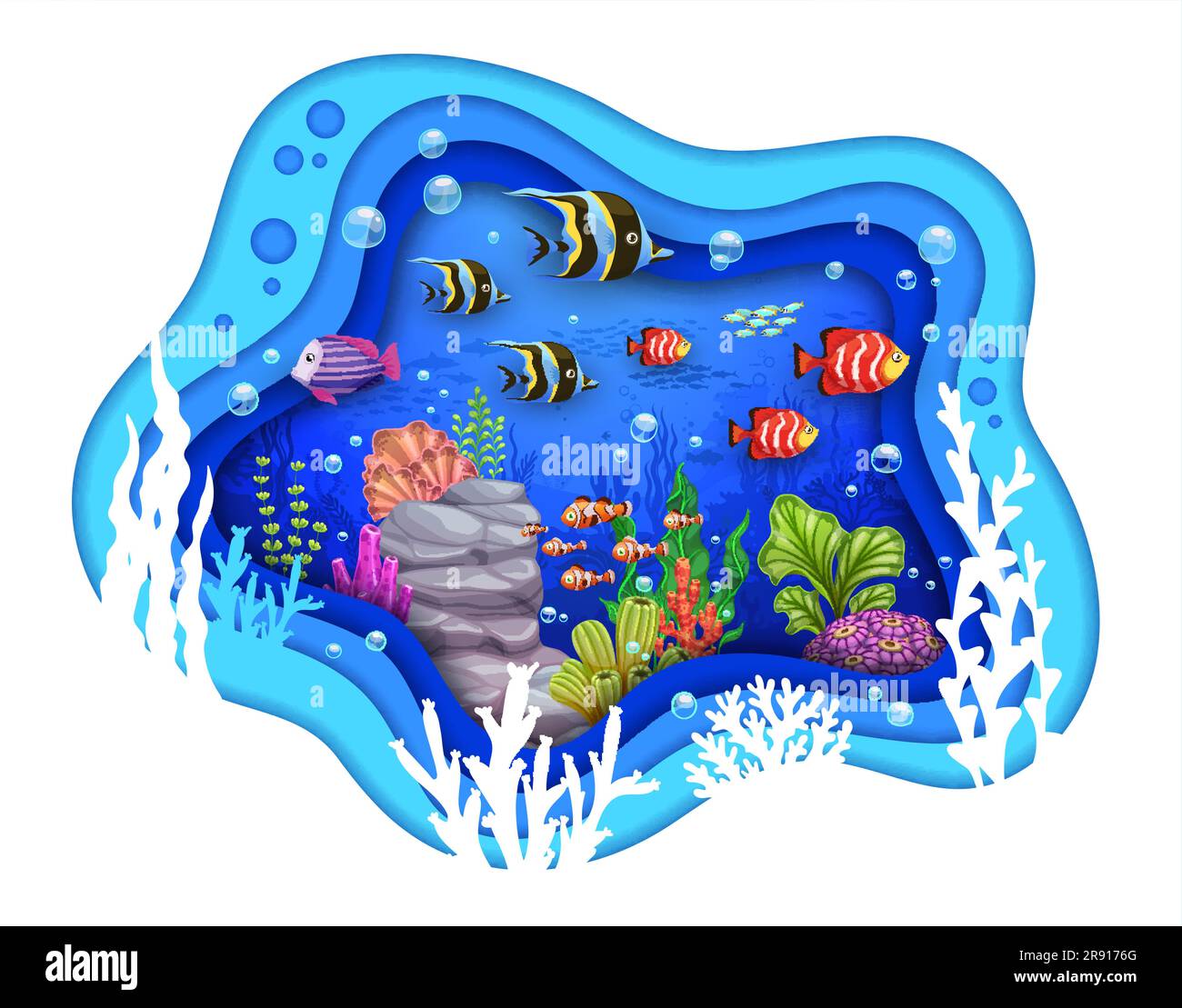 Cartoon tropical corals, fish shoal and seaweeds in sea paper cut ...