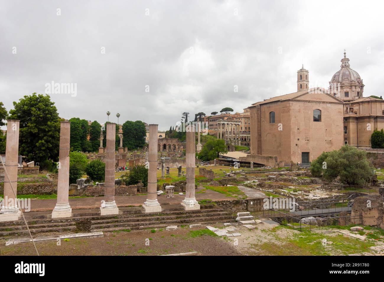 Temple of Saturn columns and view of ancient ruined roman forum, UNESCO ...