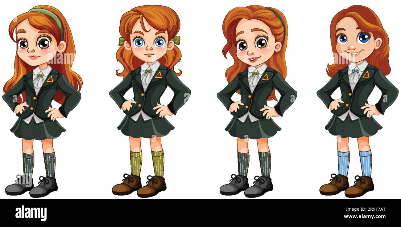 Set of girl student cartoon in different uniform illustration Stock ...
